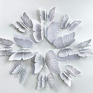24PCS Butterfly Stickers with Sponge Gum and Magnets, White Crystal Removable Butterfly Wall Sticker Decals for Room Home Nursery Decor (White Double Wing)