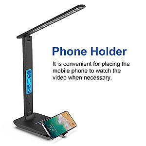 wanjiaone Multifunctional LED Desk Lamp with Wireless Charger,USB Charging Port,Clock,Phone Holder,Desk Lamps for Home Office,Eye-Caring Reading Lamp,Study Lamp for Boys,Girls,Teens,Black
