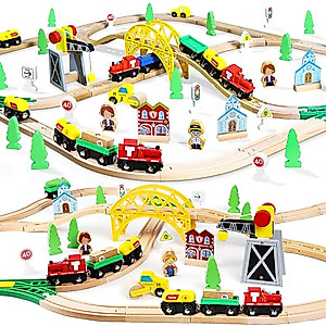 TOY Life Train Set 60pcs Wooden Train Set with Crane, Wooden Train Tracks Toy Train Set for Toddlers 2-4 3-5, Kids Toys for 3 Year Old Boys - Fits Thomas Brio Melisa Chugginton Train Track Set