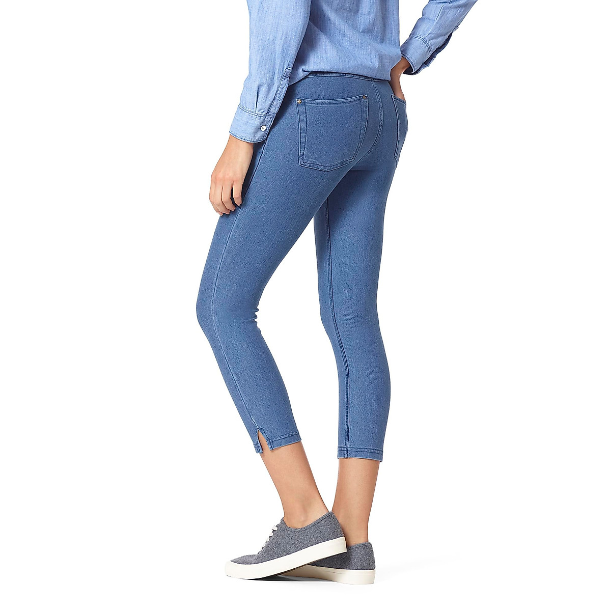 HUE Women's Ankle Slit Essential Denim Capri, Medium Wash, Large
