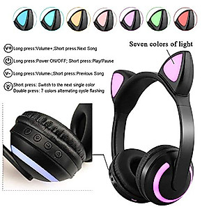 Luckyu Wireless Bluetooth Cat Ear Headphones with Mic 7 Colors LED Light Flashing Glowing On-Ear Stereo Headset Compatible with Smartphones PC Tablet