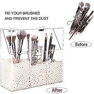 YestBuy Acrylic Makeup Brush Holder, Clear Makeup Brush Organizer For Vanity, Cosmetic Brush Storage Box with Pink Pearls, For Bathroom, Bedroom, Vanity Countertop