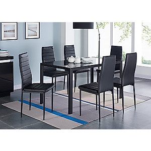 IDS Home 7 Piece Glass Dining Table and Chair Set for 6 Kitchen Dining Room Furniture Rust Resistant Metal Leg Frame Black