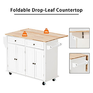 Kitchen Island Cart with Drop Leaf, Rolling Mobile Kitchen Island Table on Wheels with Storage Cabinet, Drawer, Spice/Towel Rack, White
