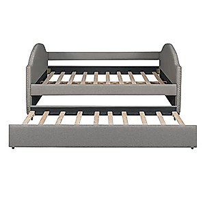 DRELOFT Full Size Upholstered Daybed with Strong Durable Pull-Out Trundle and Legs, Full Day Bed Sofa Bed with Wood Slat Support for Living Room Bedroom Guestroom, No Box Spring Needed, Gray