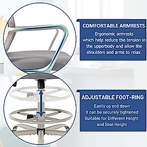 ZUNMOS Drafting Tall, Counter Office, High Standing, Ergonomic Mesh Computer Task Chair with Armrests and Adjustable Foot-Ring for Bar Height Desk, Grey