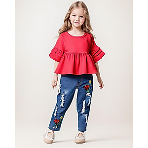 NZRVAWS Baby Girl Clothes 18 Months Toddler Clothing Infant Jeans for Kids 24 Months Ruffle Outfits Fall Winter Shirt Tops + Floral Denim Jeans Pants