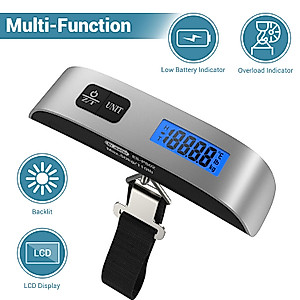 Luggage Scale, Dr.meter Travel Accessories Backlight LCD Display PS02 110lb/50kg Electronic Balance Digital Postal Luggage Weight Scale with Rubber Paint Handle Temperature Sensor Silver