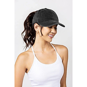 Eohak Ponytail Baseball Hat Distressed Retro Washed Womens Twill Black