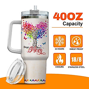 99WHALE Dear Mom Tree Color, Tumbler 40 Oz With Handle Lid And Straw, Mom Gifts, For Tumblers Mommy Modern Be Cups Heart Butterfly Day Straws Mama Simple Handle Momma Insulated