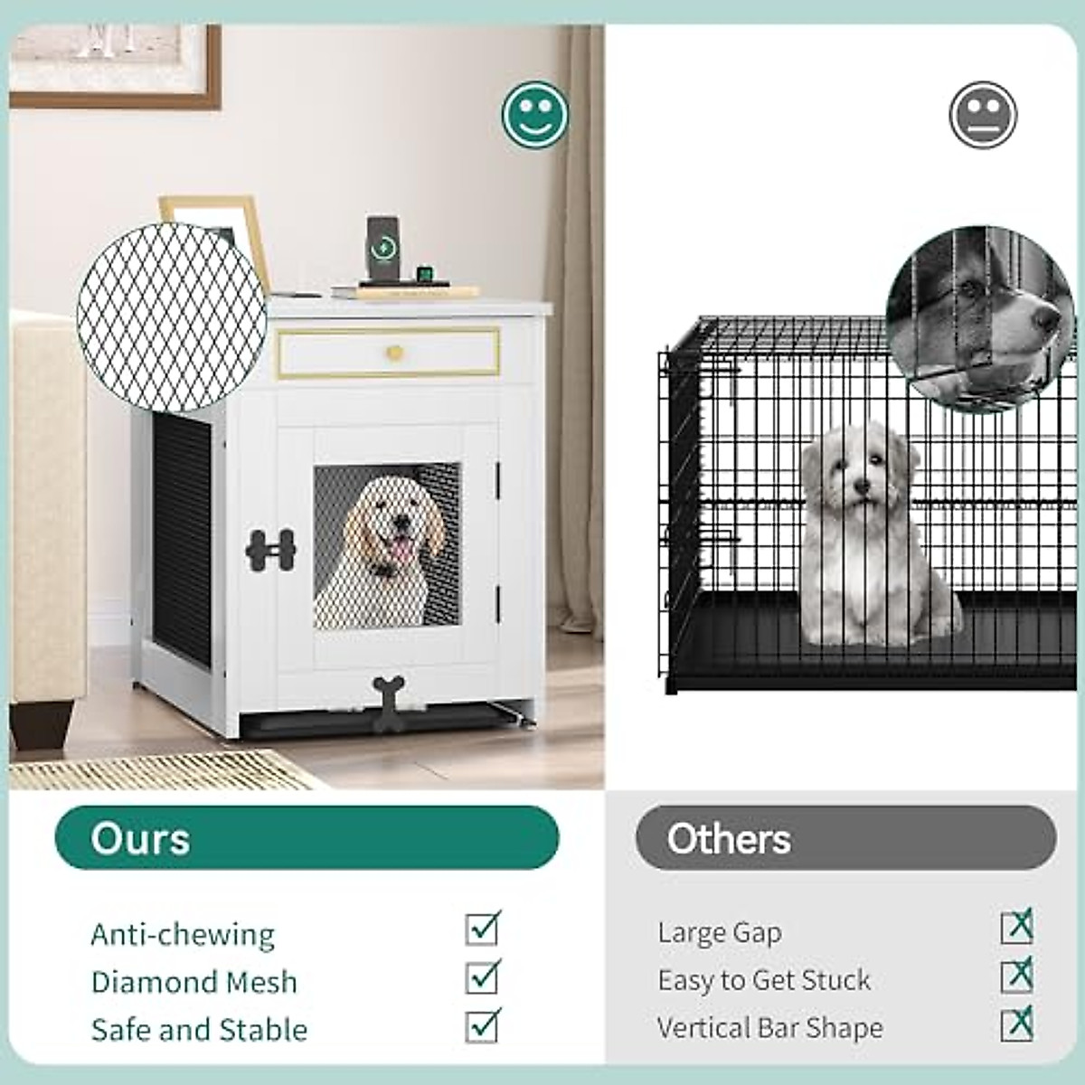 YITAHOME Dog Crate Furniture with Dual USB Charger, Wooden Dog Kennel End Table with Cushion Tray, Drawer for Small Dogs Under 25 lbs Indoor Use, White