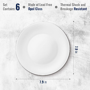 Bormioli Rocco Set Of 6 White Moon 7.9 Inch Dessert Plate Tempered Opal Glass Dishes, Dishwasher & Microwave Safe, Made In Spain.