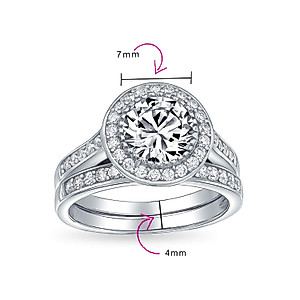 Bling Jewelry Circlet Art Dec Style 3CT Round Solitaire AAA CZ Halo Pave Band Inset Guard Enhancers Anniversary Engagement Wedding Ring Set for Women .925 Sterling Silver Custom Engraved