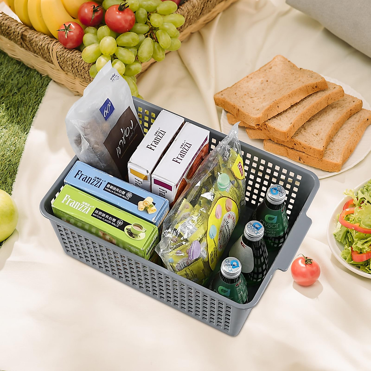 Guankan Plastic Basket for Organizing, 3 Pack Large Storage Basket Bin, Gray