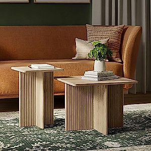 Square Fluted Nesting Coffee Table - 2 Piece Square Coffee Table Set - Living Room Furniture - Modern Home Decor - Solid Oak Base (Natural Oak)