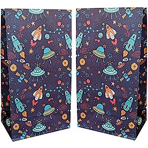 Outer Space Favor Bags - 24-Count Colorful Cute Pattern Design Printed on Kraft Paper Goodie Gift Bags - Treat Bags and Party Supplies for Theme Party, Kids Birthday, Party Favor - 9.5" x 5.5" x 3.25"