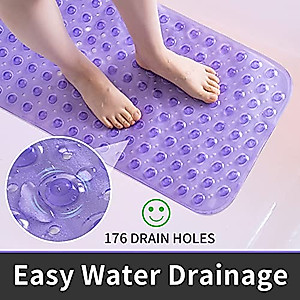 ROSMARUS Shower Mat Extra Long 16” x 39” Non-Slip Bath Mat for Tub with Suction Cups and Drain Holes Bathtub Mats for Kids, Baby, Bathroom Shower Floor Mat Anti Slip Bathtub Accessories, Purple