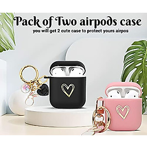 REDX1 [2 Pack] Airpods Case Gold Heart Design Protective Cover with Lucky Ball Keychain Accessories,Soft TPU for Women,Girl,Teen Compatible with Airpods 1&2nd Generation (Black,Pink)