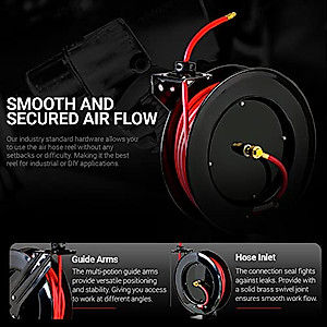 ReelWorks Air Hose Reel Retractable 3/8" Inch x 80' Foot Max 300PSI Longest Ever Hybrid Polymer Hose Industrial Steel Construction