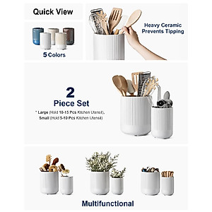 LE TAUCI Utensil Holder, 7.3"+5.4" Ceramic Kitchen Utensil Holder for Countertop, Large Cooking Utensil Crocks for Kitchen Counter, Morden Utensil Organizer for Spatula, Kitchen Decor, Set of 2, White