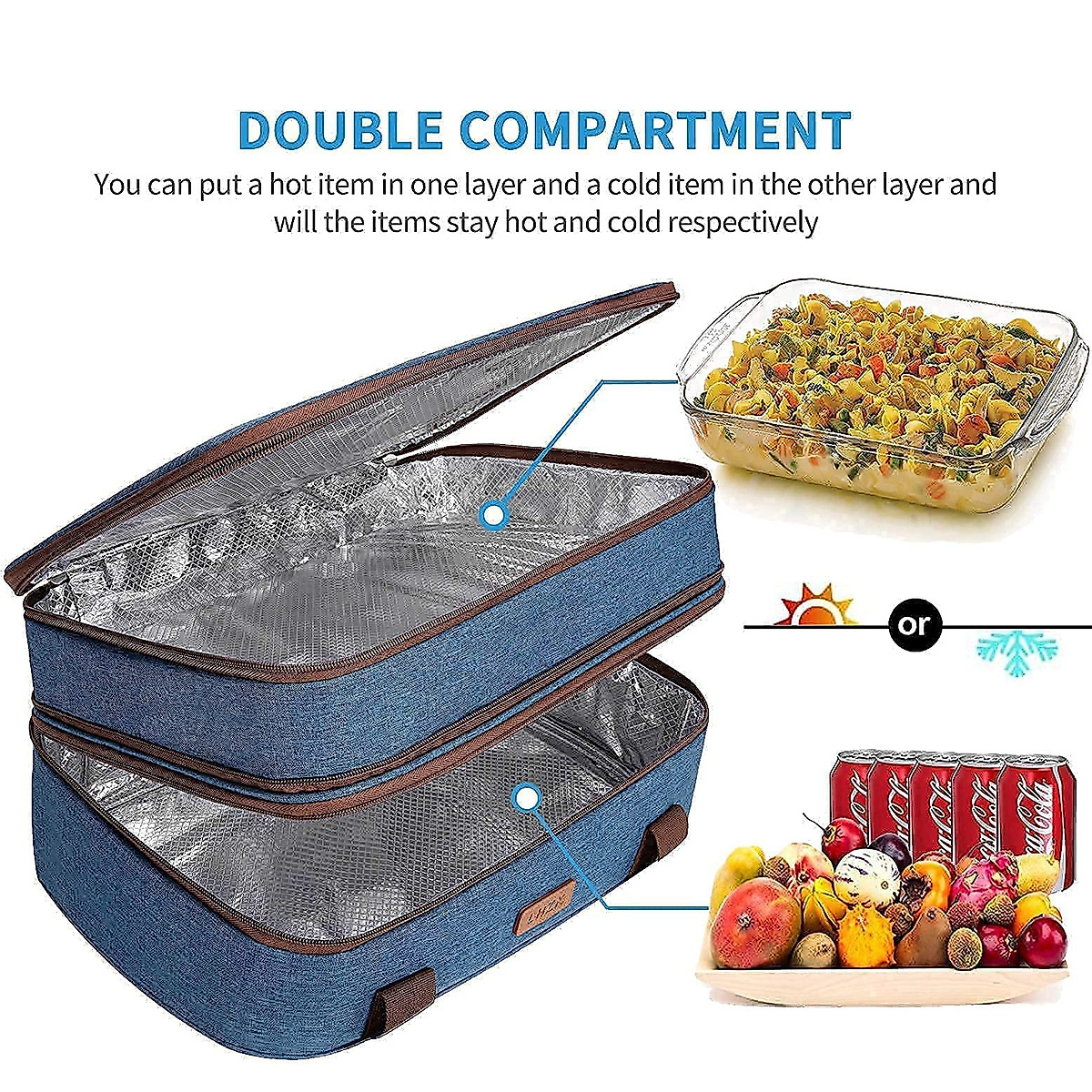 LHZK (2-Piece Set Double Decker Insulated Casserole Carrier and Single Decker Insulated Casserole Carrier for Hot or Cold Food, Fits 11 x 15 or 9 x 13 Baking Dish, Blue