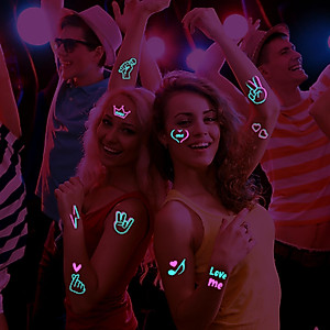 Konsait Glow in The Dark Temporary Tattoos for Kids Adults,10 Sheet Neon Music Party Body Face Tattoos Waterproof Fake Tattoos Stickers for Boys Girls Women Birthday Gifts Glow Party Favor Supplies