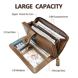 TFKGS Wallet for Women RFID Blocking Leather Large Capacity Card Holder Ladies Phone Clutch Travel Long Purse Wristlet Brown