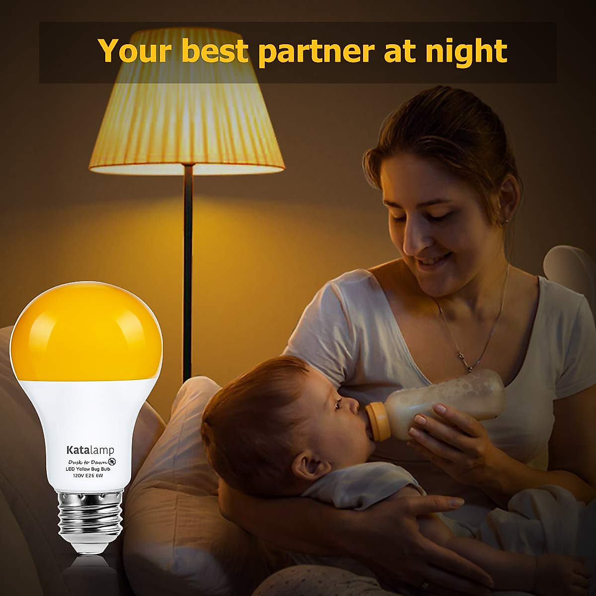 2 Pack LED Dusk to Dawn A19 Bug Light Bulbs - Yellow Bulb, Amber Light, Automatic Sensor Bulb, LED Porch Lights, Security Outdoor Bulb, Auto On/Off, 2000K E26 40W Equivalent Katalamp