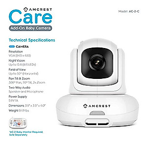 Amcrest Add-on Camera Unit AC-2, Video Baby Monitor Camera, Two-Way Audio, Motion Detection, Pan/Tilt/Zoom, Temperature Sensor, Night Vision, (AC-2-C)