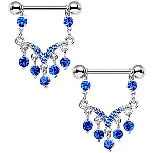 Body Candy Stainless Steel Blue Ornate V Dangle Nipple Ring Set of 2 14 Gauge 18mm