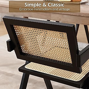civama Rattan Dining Chairs Set of 2, Retro Woven Chairs for Dining Room Mid-Century Modern Armchairs, Breathable Rattan Back & Seat, Solid Wooden Frame, Kitchen Chairs for Home Restaurant, Black