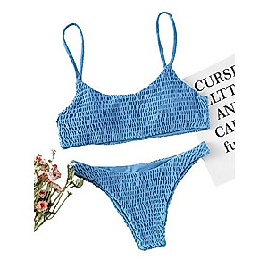 Verdusa Women's 2 Peices Textured Bathing Suit Smocked Wireless Bikini Bandeau Top Thong Swimsuit Blue M