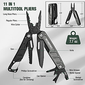 WORKPRO Multitool-11 in 1 Multitool Pliers with Pocket Clip and Sheath-EDC Multi Tool Knives with Safety Lock-Camping Tools Pocket Knife with Screwdriver Saw Blade Wire Cutter and Bottle Opener