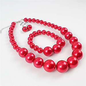 GRACE JUN Bridal Wedding Faux Pearl Statement Necklace and Clip on Earrings Bracelet Jewelry Sets Women Bib Choker Necklace (Red-Necklace+Bracelet+Clip Earrings)