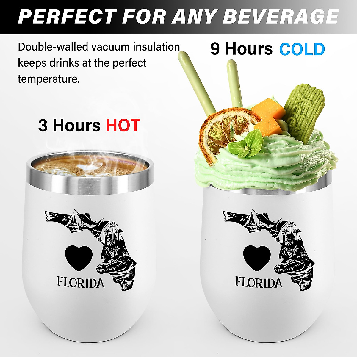 Gifts Idea for Women Girl,Florida Wine Tumbler 12 Oz with Lid,Funny Vacuum Stainless Steel Coffee Mug Stemless Cup,Unique Florida Themed Gift,for Hot and Cold Drinks (White) (Pack of 1)