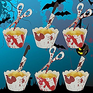 YuBoBo Halloween Cupcake Toppers Wrappers, Horror Cake Halloween Decoration Bloodstain Cake Knife Scissors Food Decor Party Supplies (12 sets (24pcs))