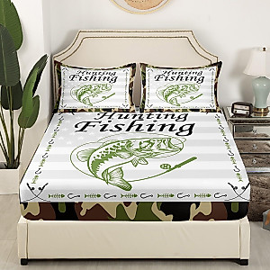 Hunting and Fishing Bed Sheet Set Full Size Pike Fish Fitted Sheet for Kids Adults Teens Boys Men Fisherman Fishhook Bedding Set Camo American Flag Bedding Sheets Bedroom Decor with 2 Pillow Case