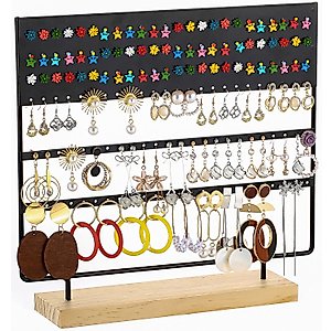 Sooyee Metal Earring Holder and Jewelry Organizer,Jewelry Rack Display Classic Stand with Wood Base Tray,6 Layer 144 Holes for Hanging Earrings Piercings,Ear Stud,Black