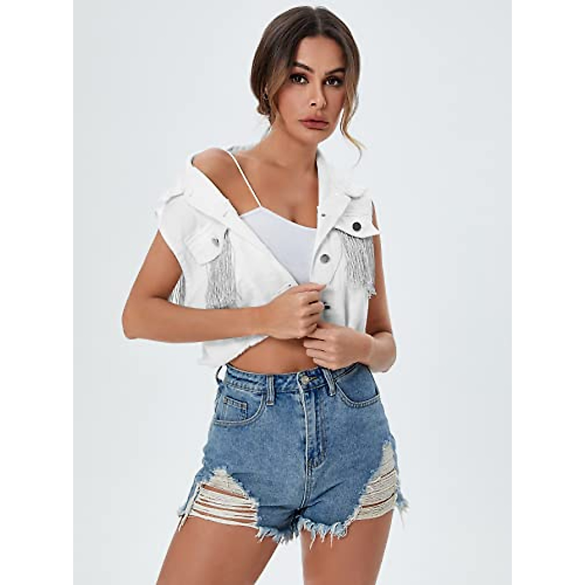 Verdusa Women's Fringe Raw Trim Sleeveless Denim Vest Jean Jacket Coat White S
