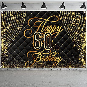 Happy 60th Birthday Banner Backdrop Royal Curtain Decorations Black Gold Background 60 Years Old Bday for Women Men Photography Party Decor Supplies