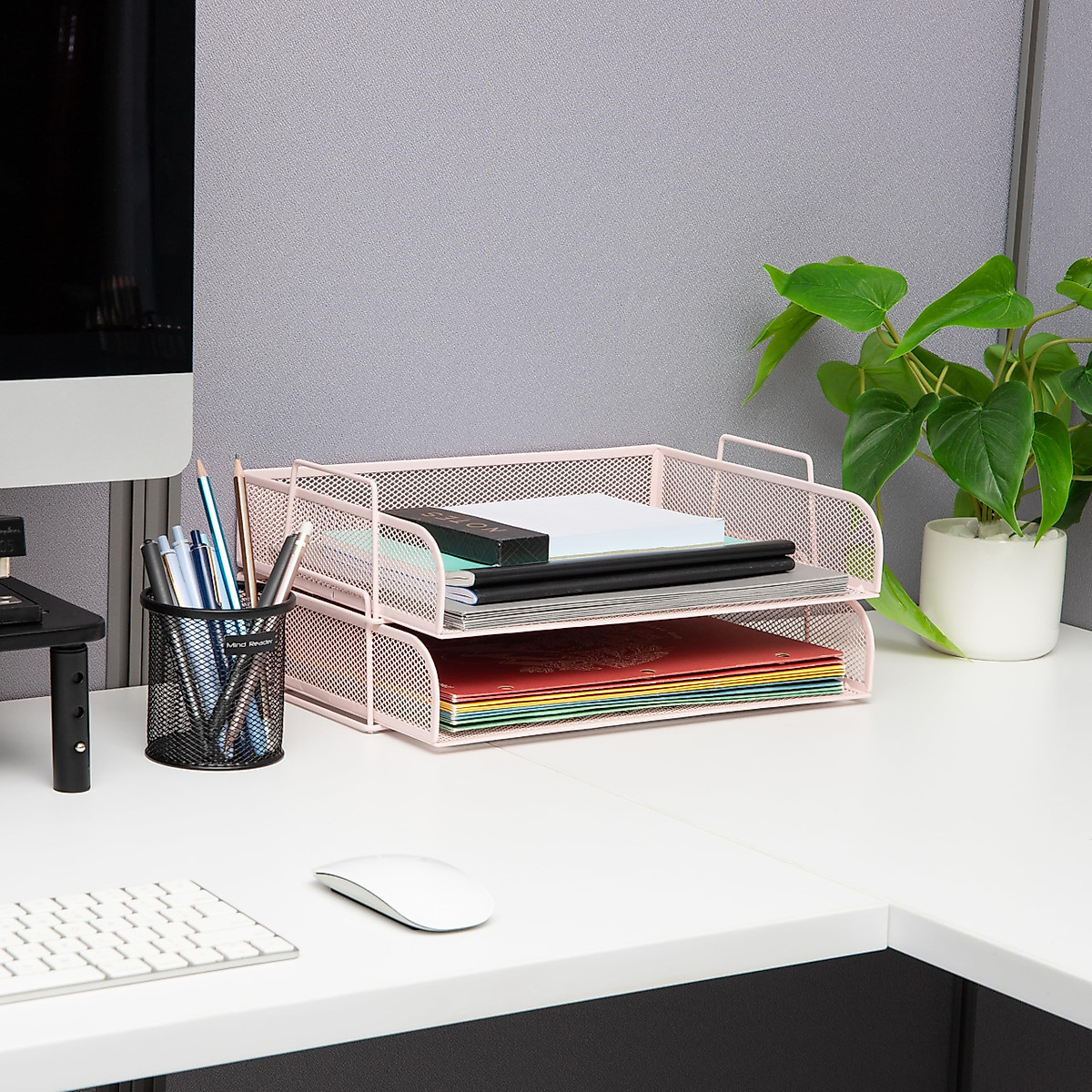 Mind Reader Stackable Paper Tray, 2 Pcs., Desktop Organizer, File Storage, Office, Metal Mesh, 14" L x 9.75" W x 6" H, Pink