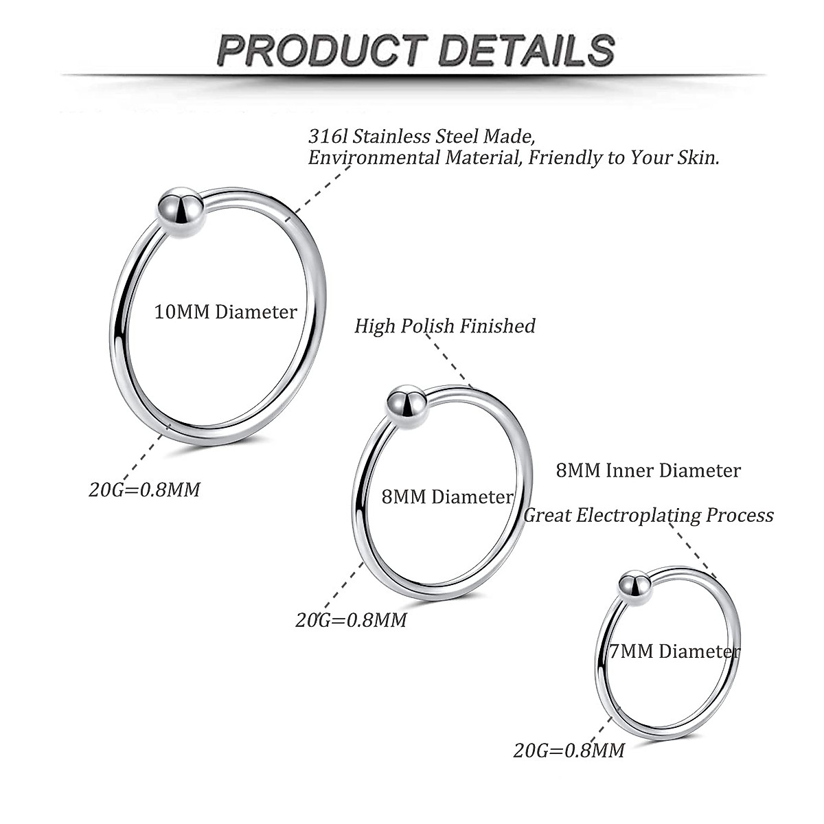 YOVORO 36Pcs 20G Stainless Steel Nose Ring for Women Men Tragus Cartilage Daith Lip Ring Helix Piercing Jewelry B