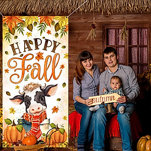 Happy Fall Door Cover Fall Party Decorations Baby Cow with Scarf Fall Festival Decorations Pumpkin Door Banner for Autumn Harvest Thanksgiving Party Supplies