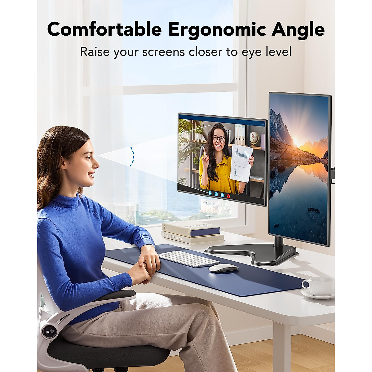 HUANUO 32 inches Dual Monitor Stand up to 17.6lbs per Arm, High-Grade Aluminum Free-Standing Dual Monitor Mount for 2 Screens. Fully Adjustable Dual Monitor Stand for Desk with Tilt, Swivel, Rotation