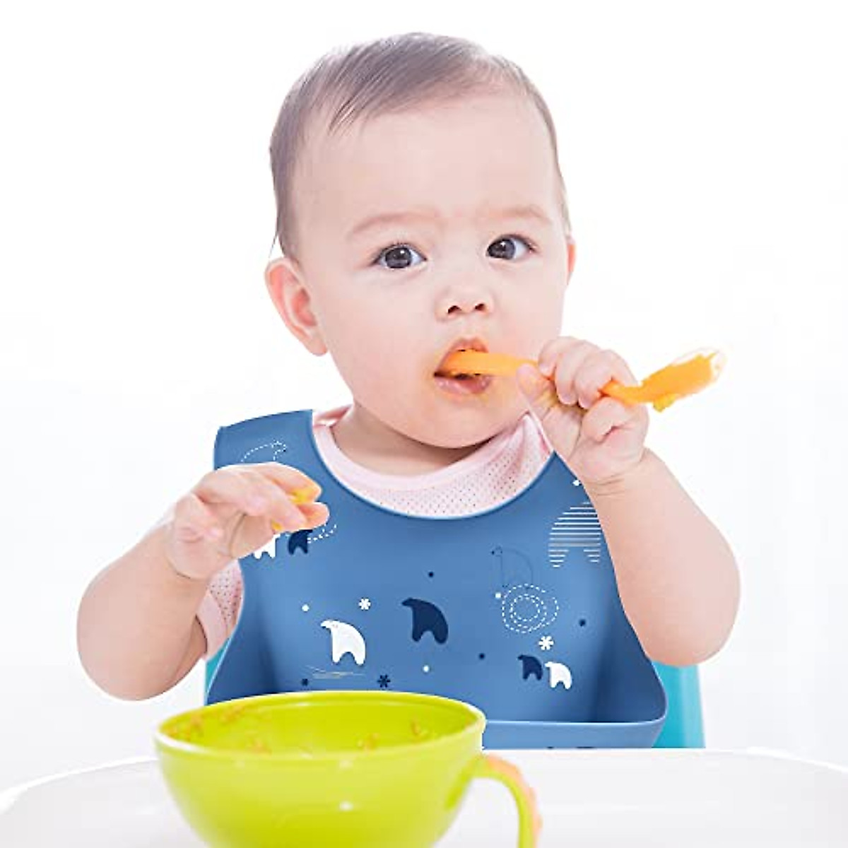 GAJIGAJI Waterproof Silicone Baby Bib, Easy Clean Quick Drying Soft and Comfortable Feeding Bucket Bib, Keep Stain off (Astronaut)