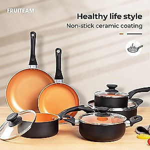 FRUITEAM 10pcs Cookware Set Ceramic Nonstick Soup Pot, Milk Pot and Frying Pans Set, Copper Aluminum Pan with Lid, Induction Gas Compatible, 1 Year Warranty Mothers Day Gifts for Wife…