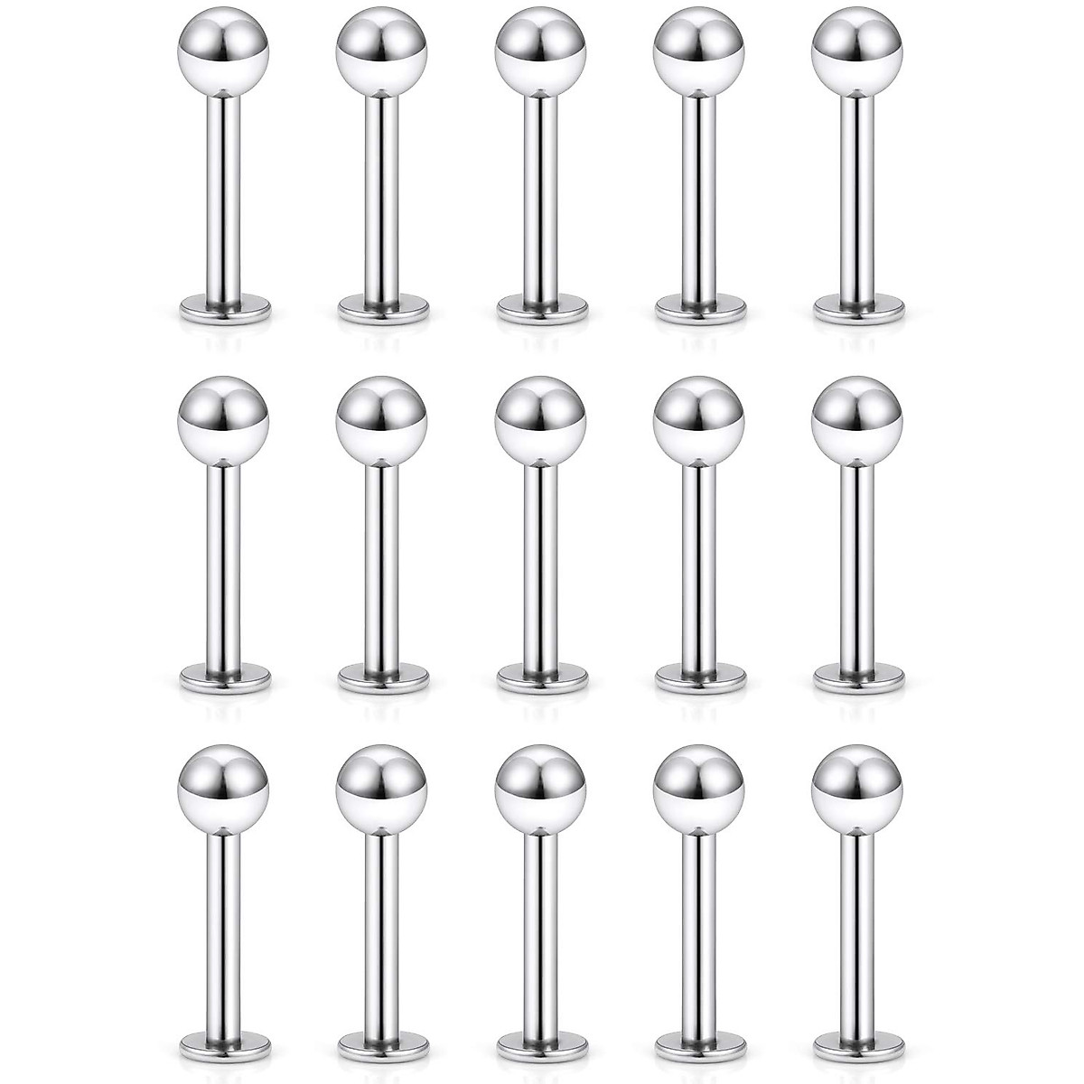 Dyknasz 15PCS 14G Surgical Steel Labret Monroe Lip Ring Studs Cartilage Tragus Helix Conch Earring Stud Barbell Piercing Jewelry for Women 8mm Silvertone