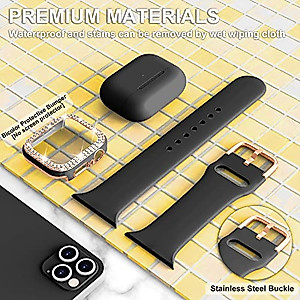 DABAOZA Compatible for Apple Watch Band with Glitter Bumper Case, Women Silicone Soft Comfortable Adjustable Strap with Buckle for iWatch SE Series 8/7/6/5/4/3/2/1 (Black Rosegold, 44mm)