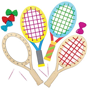 Baker Ross AT987 Tennis Racket Wooden Weaving Kits - Pack of 4, Introductory Sewing for Beginners and for Kids Arts and Crafts Projects