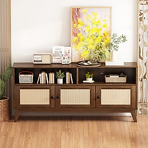 AWQM TV Stand for Living Room, Mid Century Modern TV Console, Rattan Entertainment Center with Storage and Open Shelves, Walnut